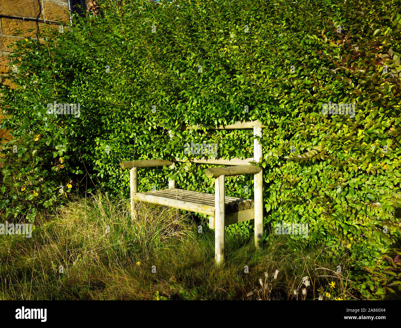 A rustic garden bench seat in a sunny corner of a cottage garden Stock ...