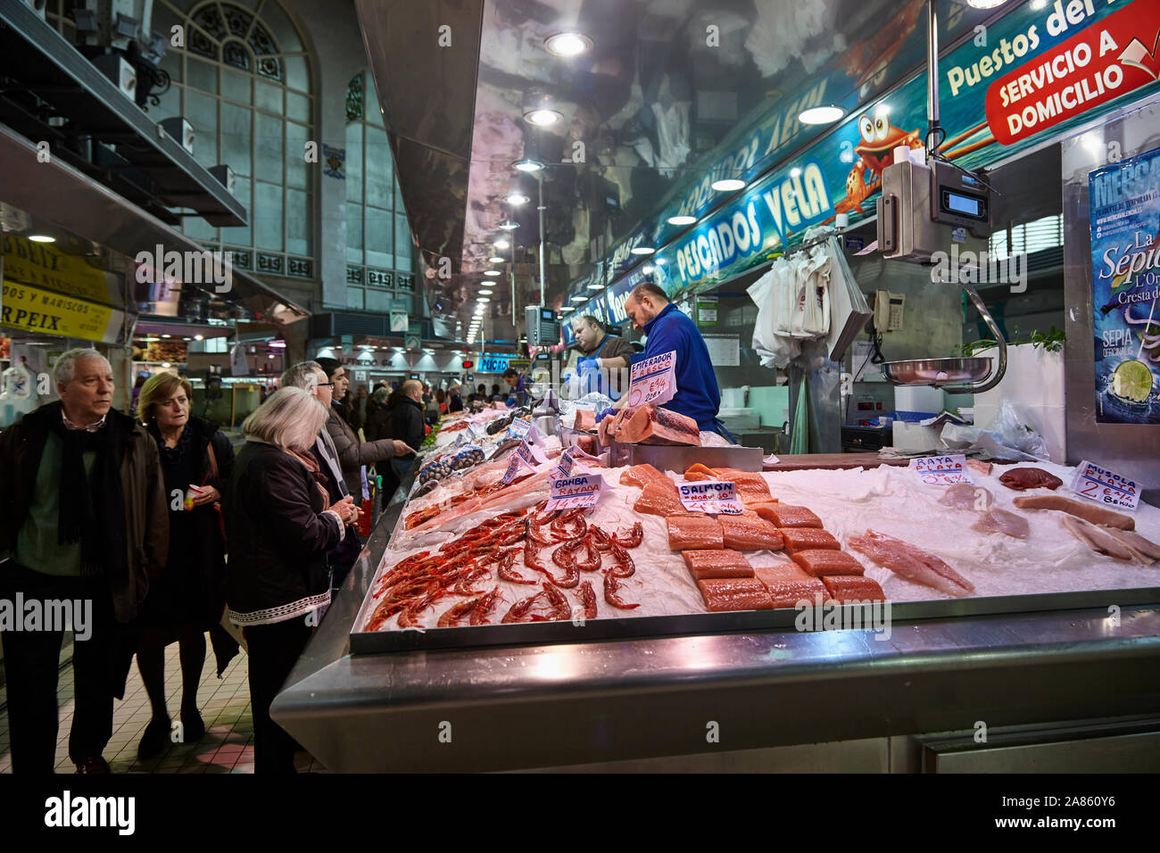 Seafood market stall at the Central Market, Valencia, Spain Stock Photo ...