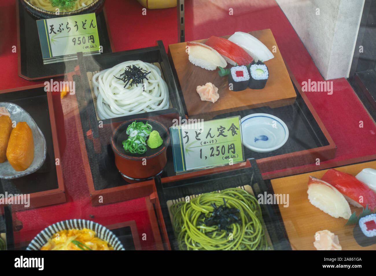 Plastic food model (soba noodles) display case at fast food restaurant ...