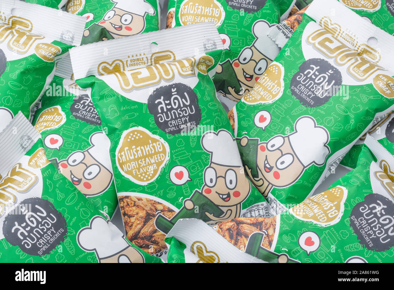 Packets of Nori flavour edible Small Crickets snack. Protein rich ...