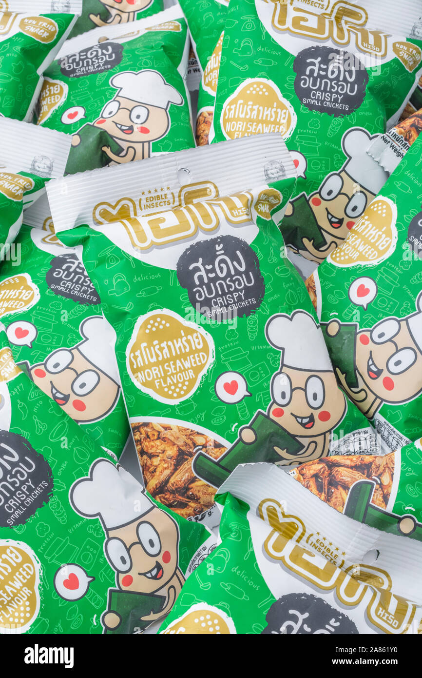 Packets of Nori flavour edible Small Crickets snack. Protein rich ...