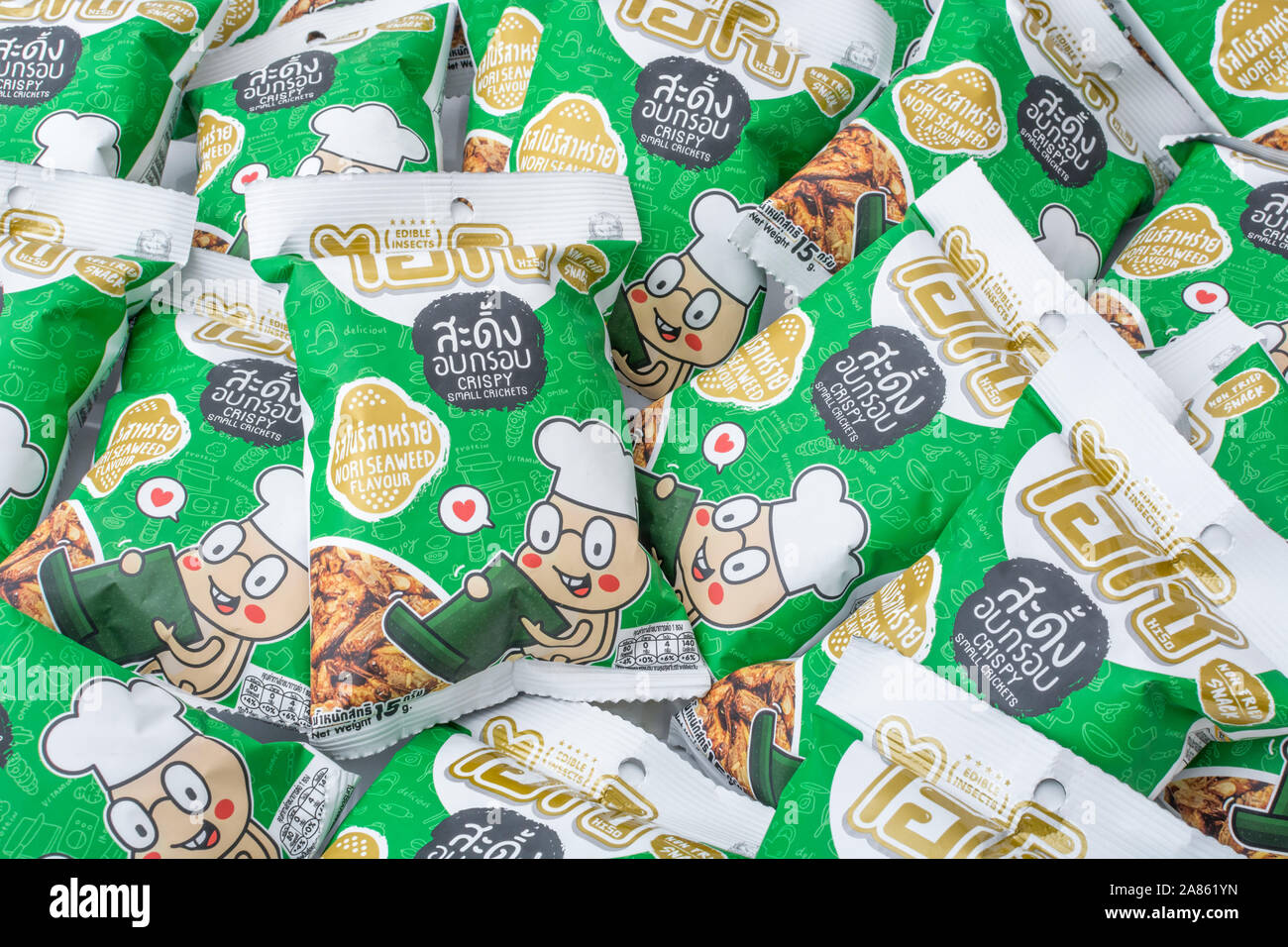 Packets of Nori flavour edible Small Crickets snack. Protein rich ...