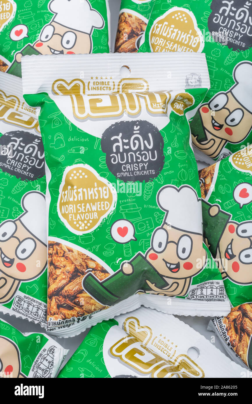 Packets of Nori flavour edible Small Crickets snack. Protein rich ...