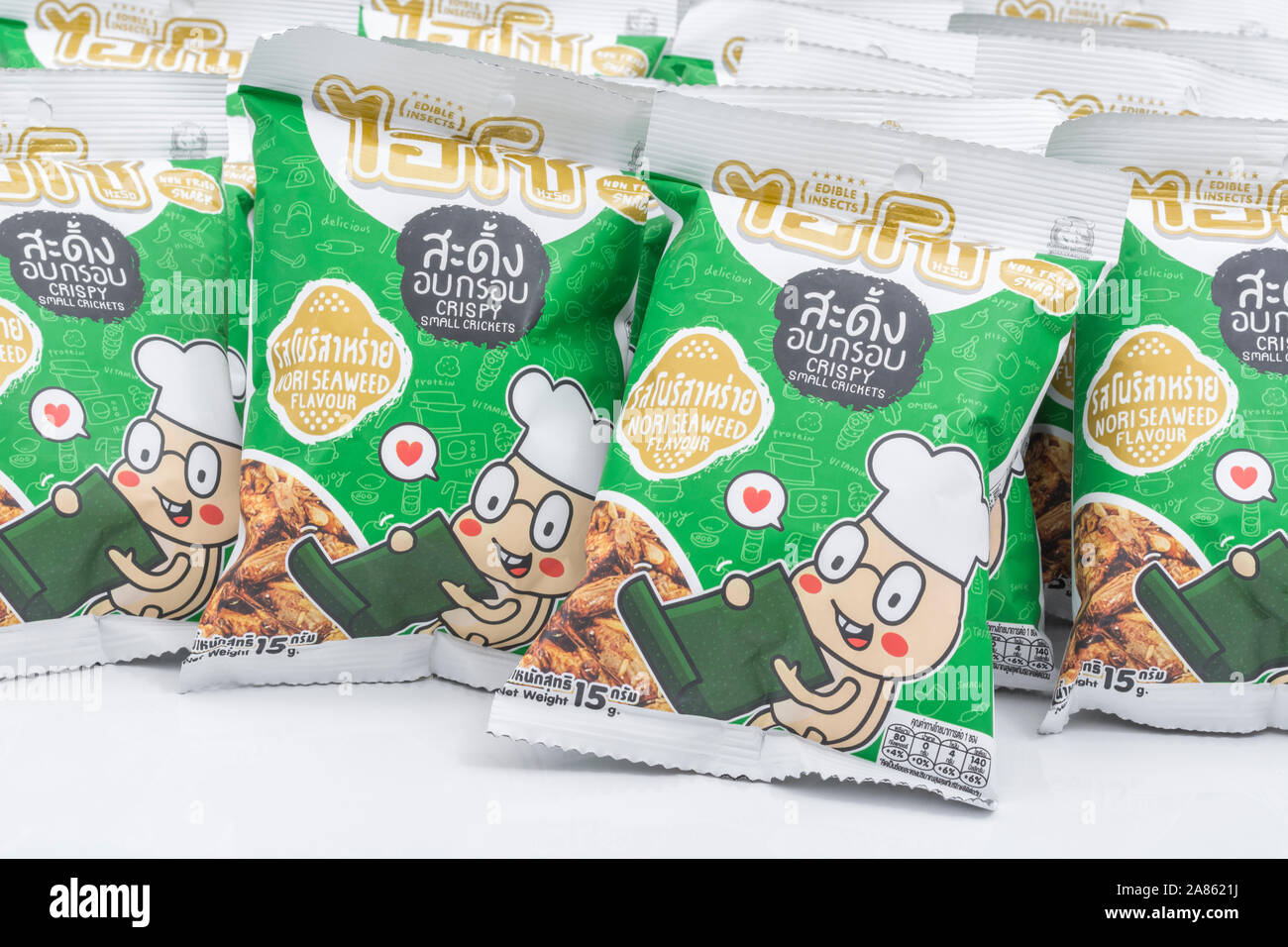 Packets of Nori flavour edible Small Crickets snack. Protein rich ...