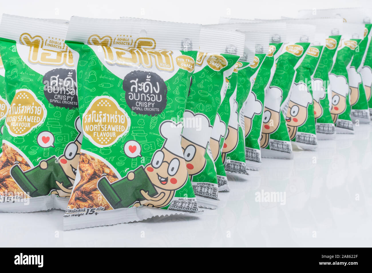 Packets of Nori flavour edible Small Crickets snack. Protein rich ...