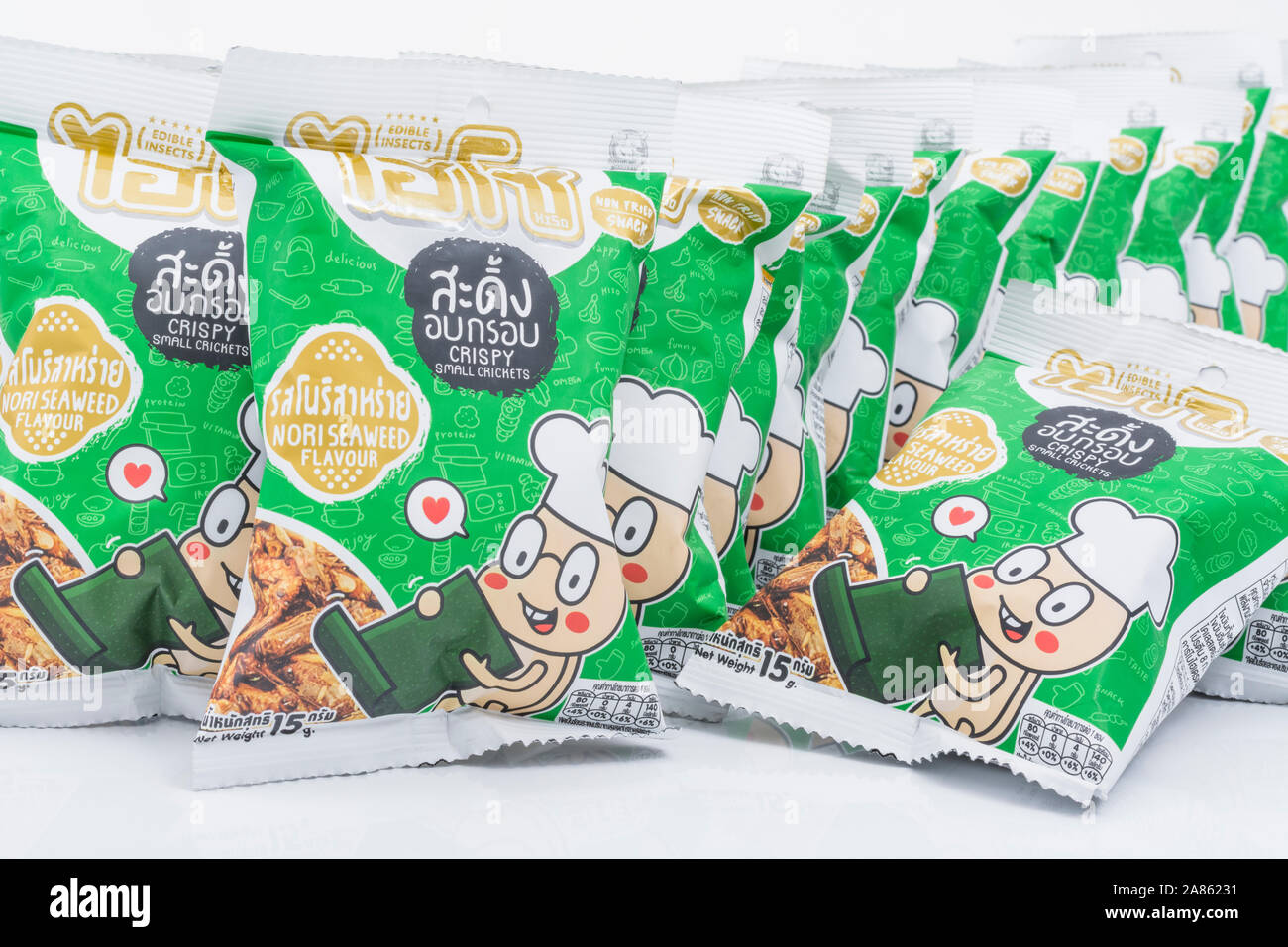 Packets of Nori flavour edible Small Crickets snack. Protein rich ...