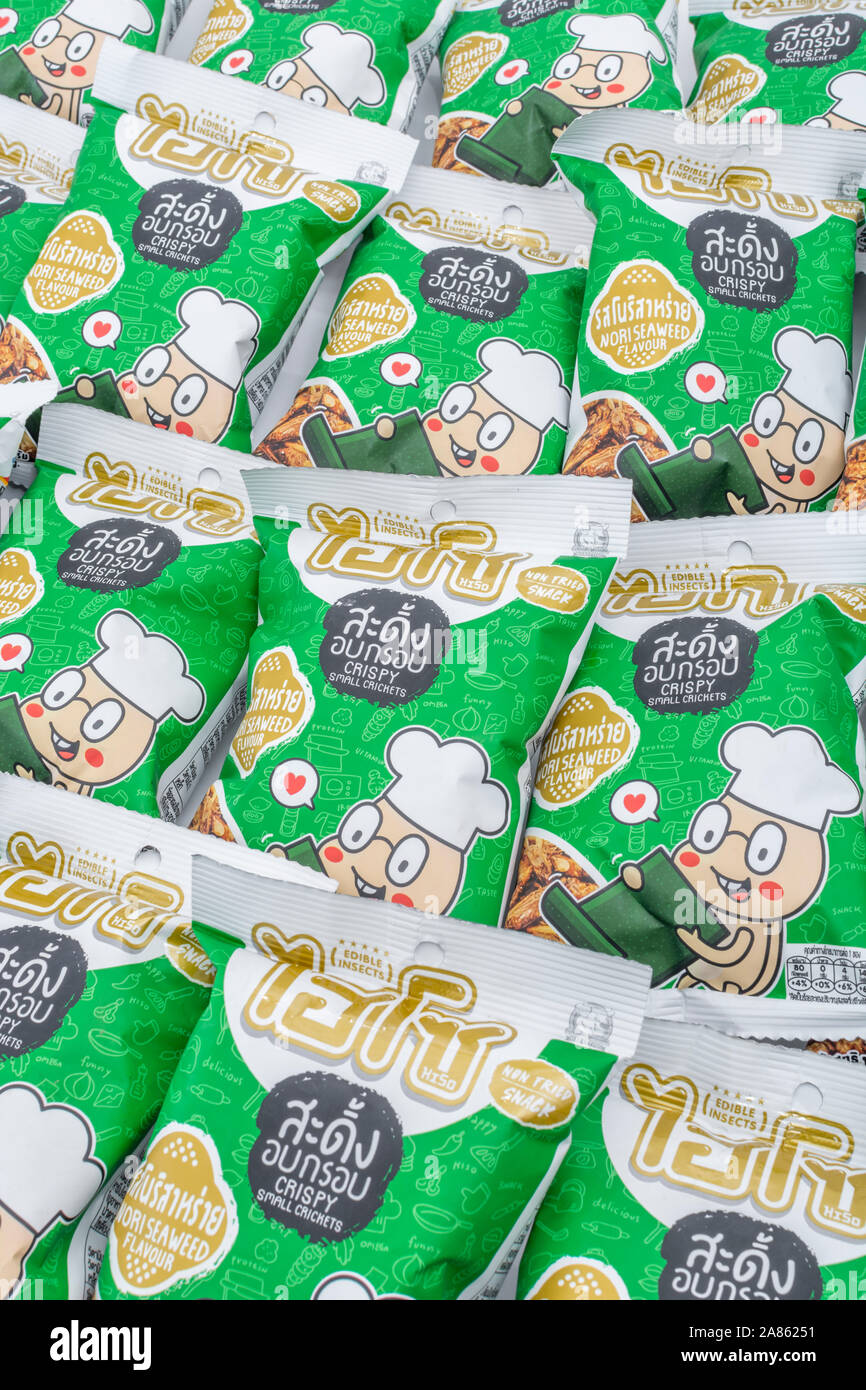 Packets of Nori flavour edible Small Crickets snack. Protein rich ...