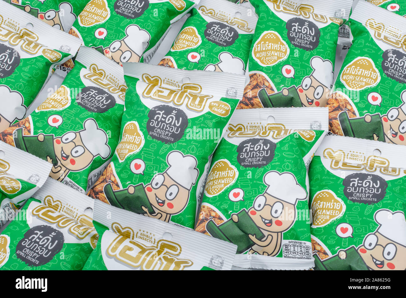 Packets of Nori flavour edible Small Crickets snack. Protein rich ...