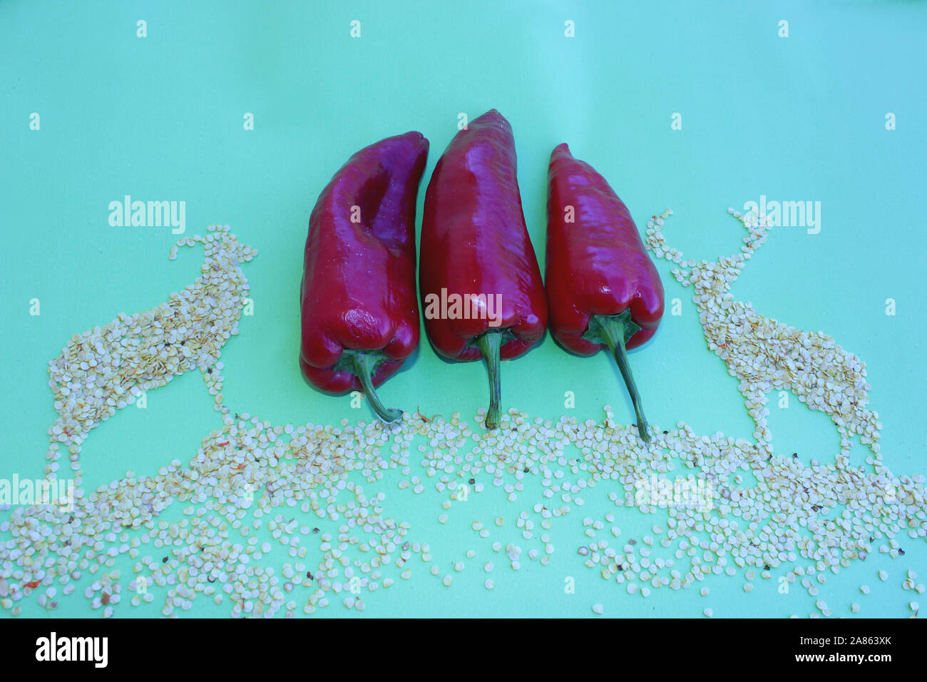 Red peppers depicting forest trees and seeds of red peppers depicting ...