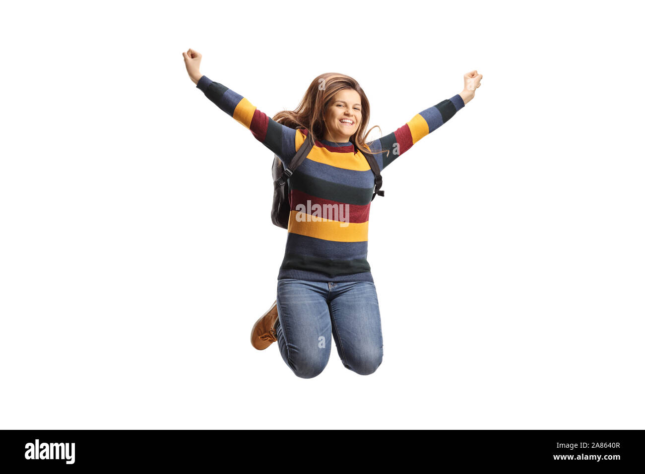 Happy female student jumping isolated on white background Stock Photo ...