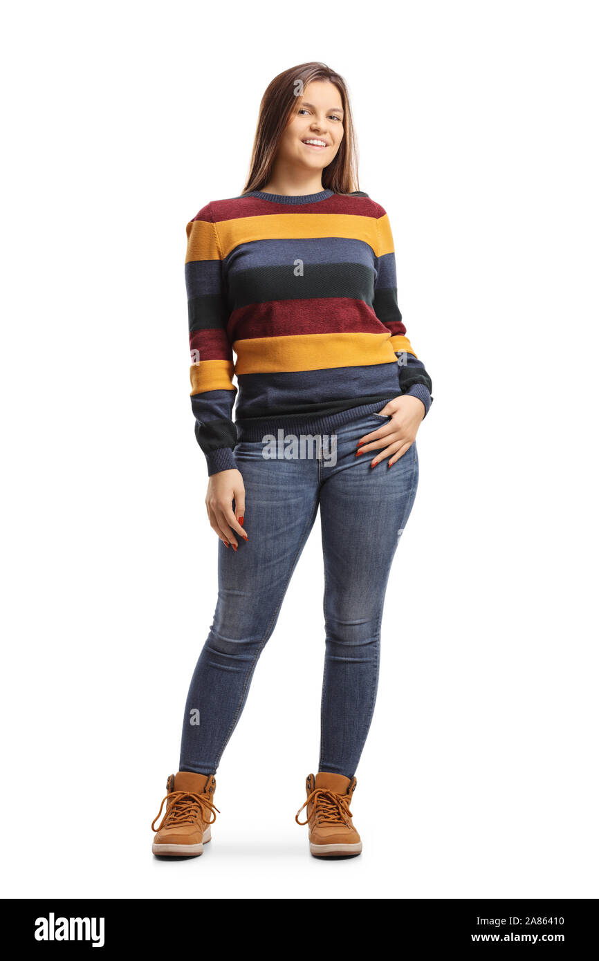 Full length portrait of a young casual female posing isolated on white ...