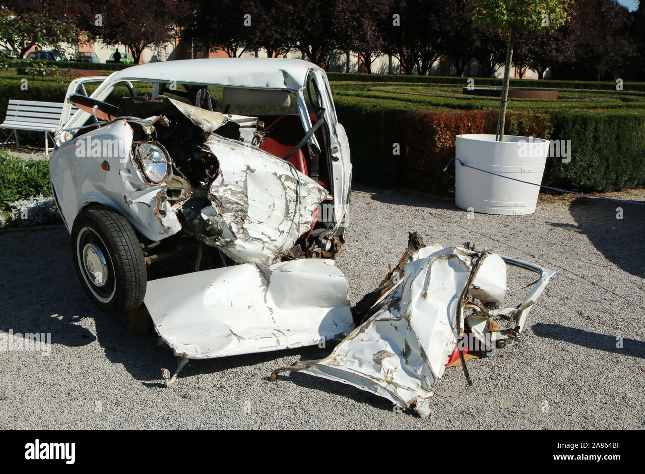 The detail of an old veteran small car after the collision with a ...