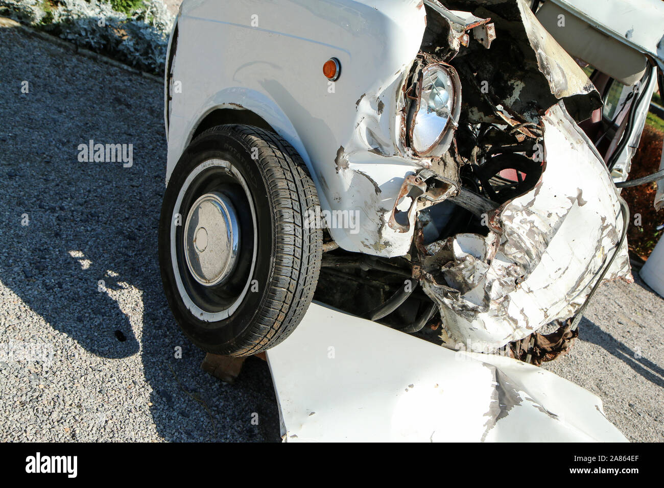 The detail of an old veteran small car after the collision with a ...