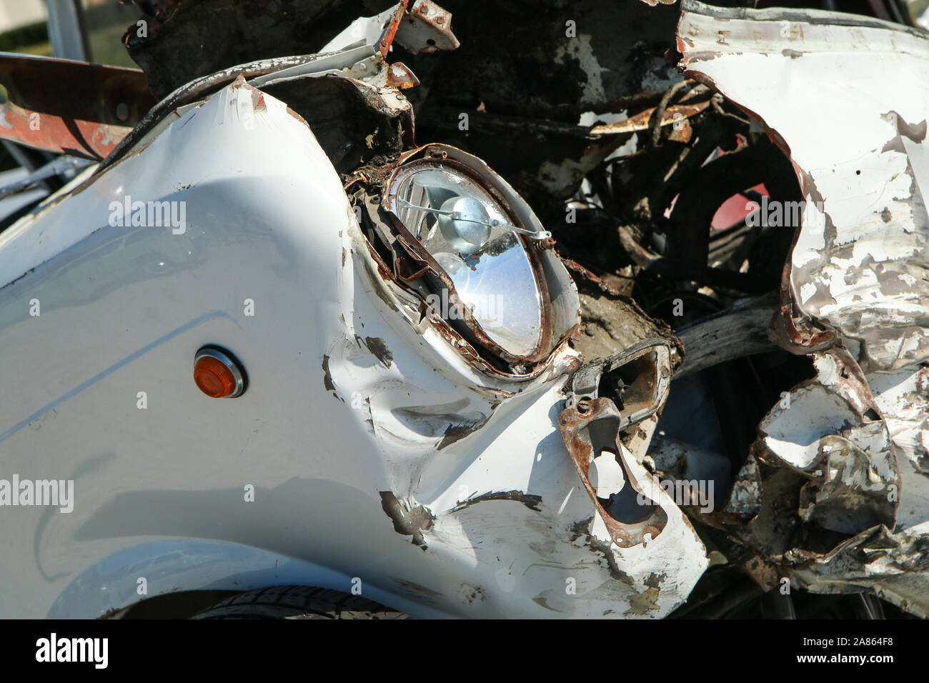 The detail of an old veteran small car after the collision with a ...