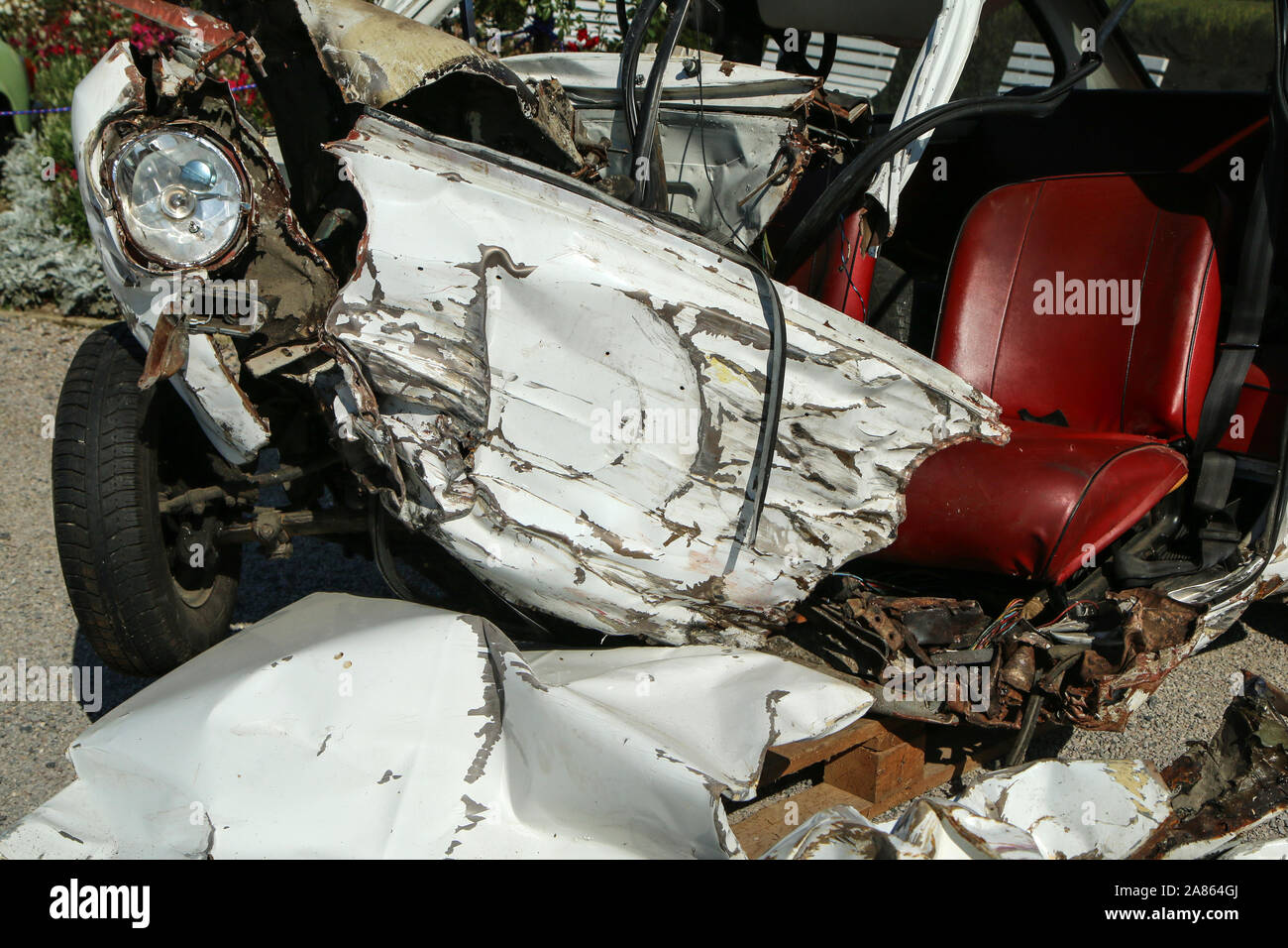 The detail of an old veteran small car after the collision with a ...