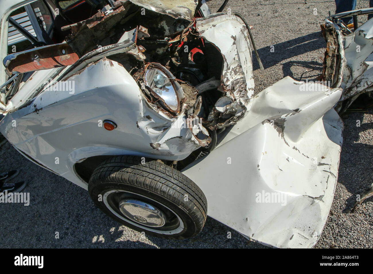 The detail of an old veteran small car after the collision with a ...