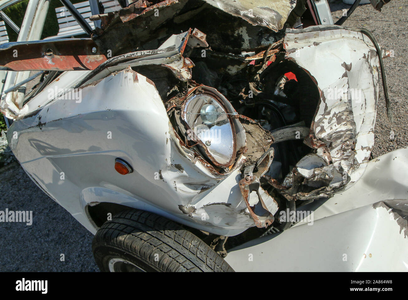 The detail of an old veteran small car after the collision with a ...