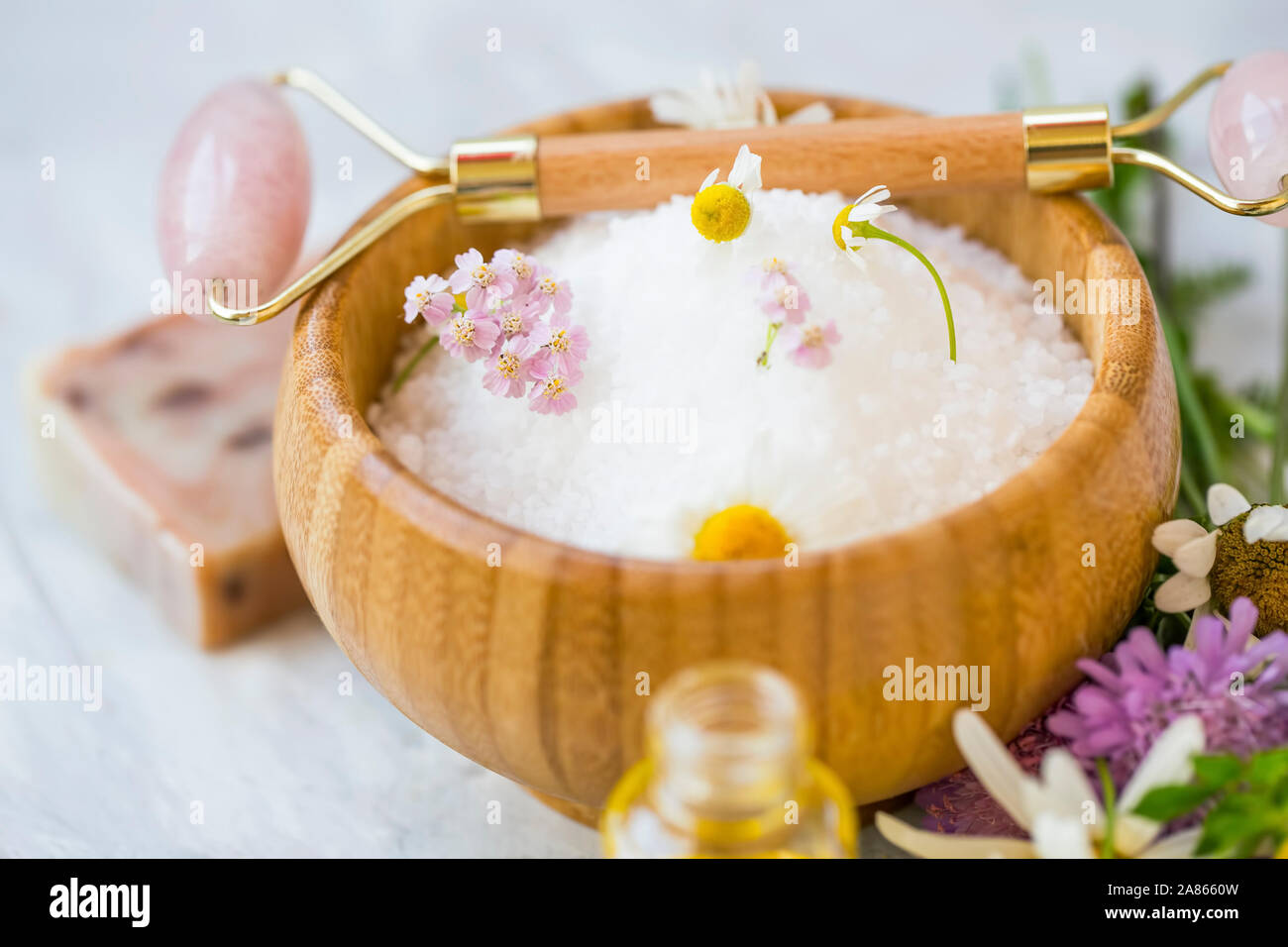 Spa still life bath salt with essential oils and medicinal healing ...