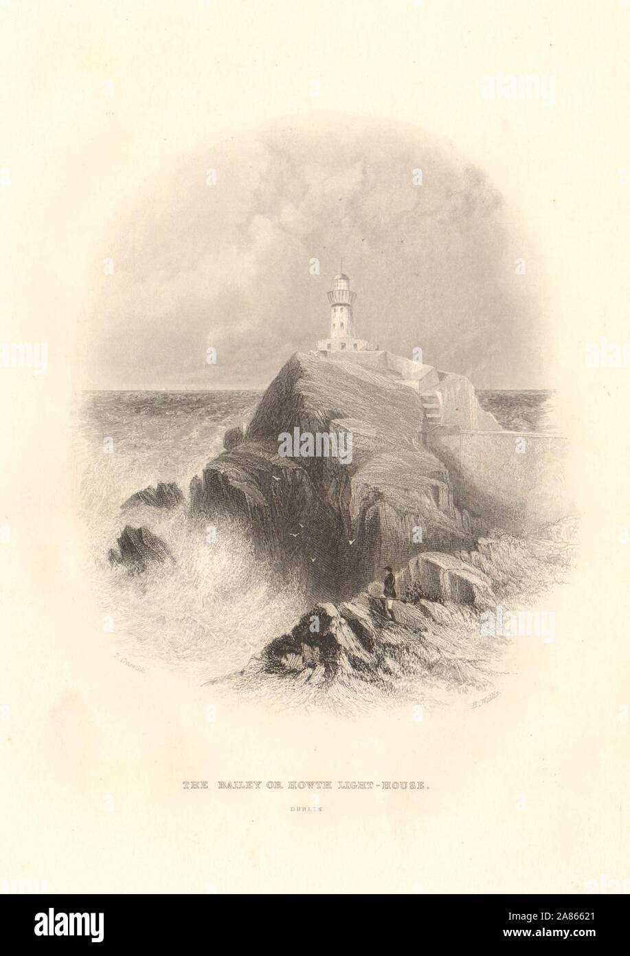 The Baily Lighthouse, Howth Head, Dublin Bay, Ireland 1843 old antique ...