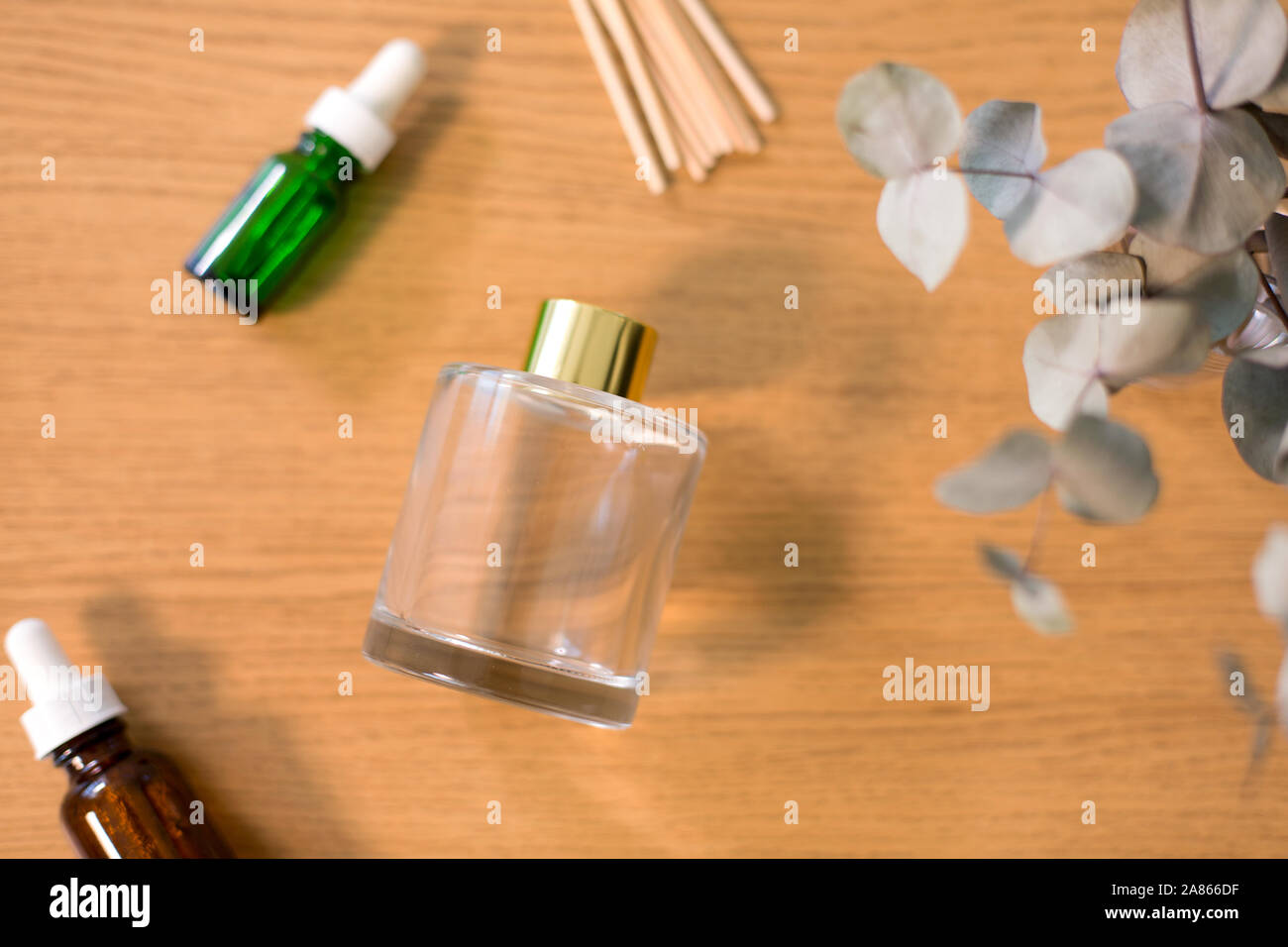 aroma reed diffuser, essential oil and eucalyptus Stock Photo - Alamy
