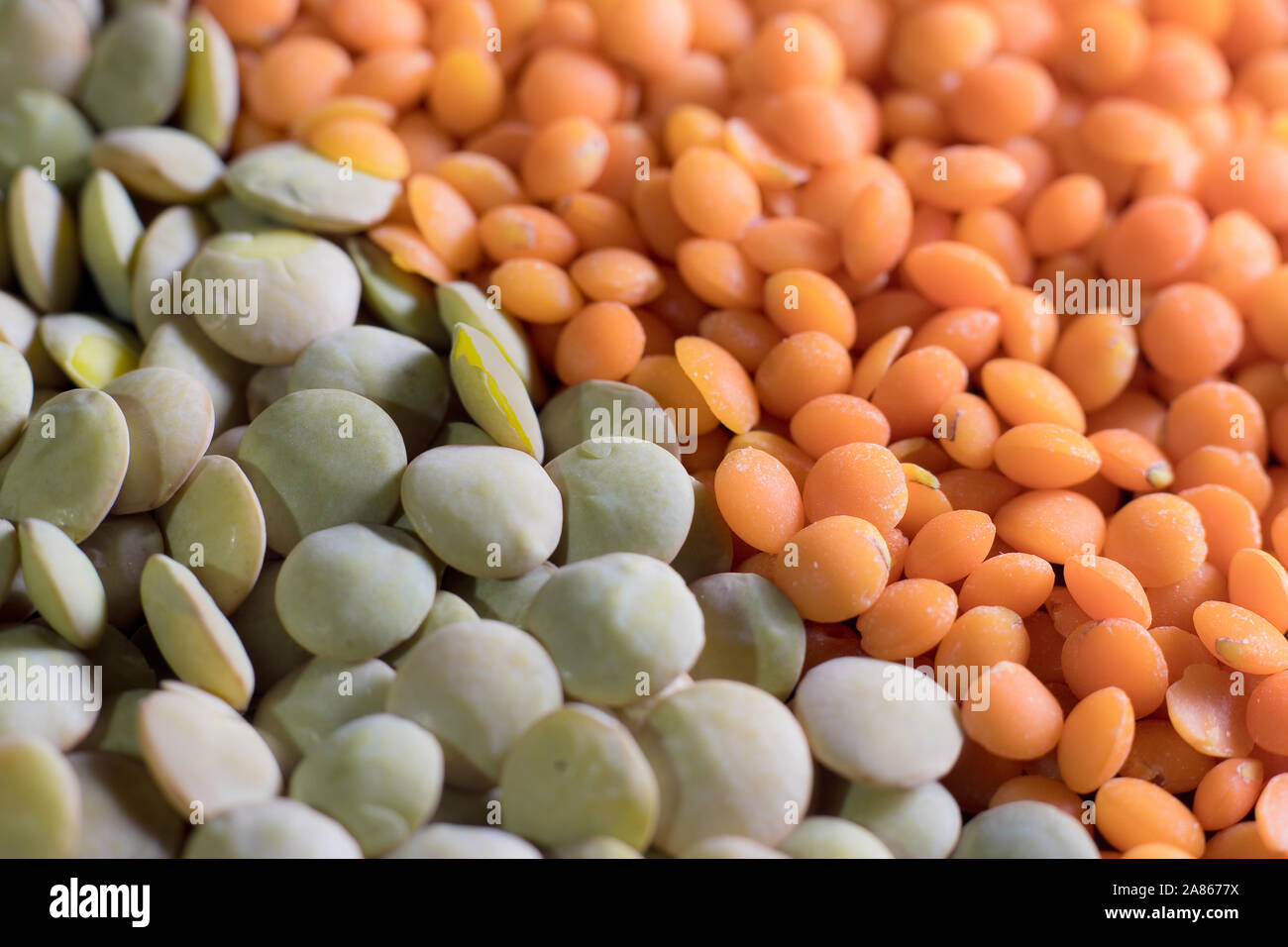 Detail of red lentil and green lentil grains diagonally bisected Stock ...