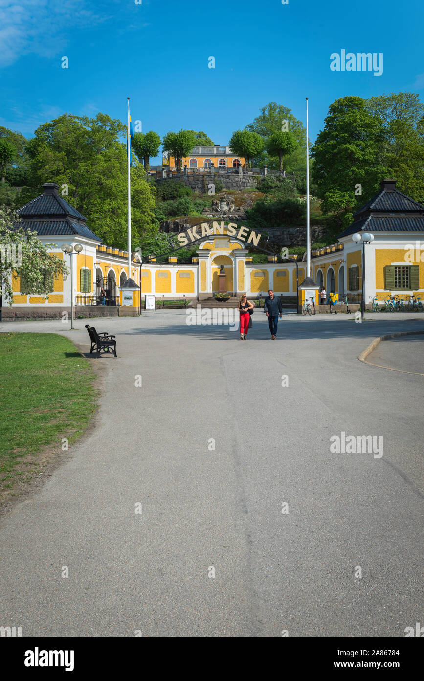 Stockholm Skansen, summer view of the entrance to the Skansen open air ...