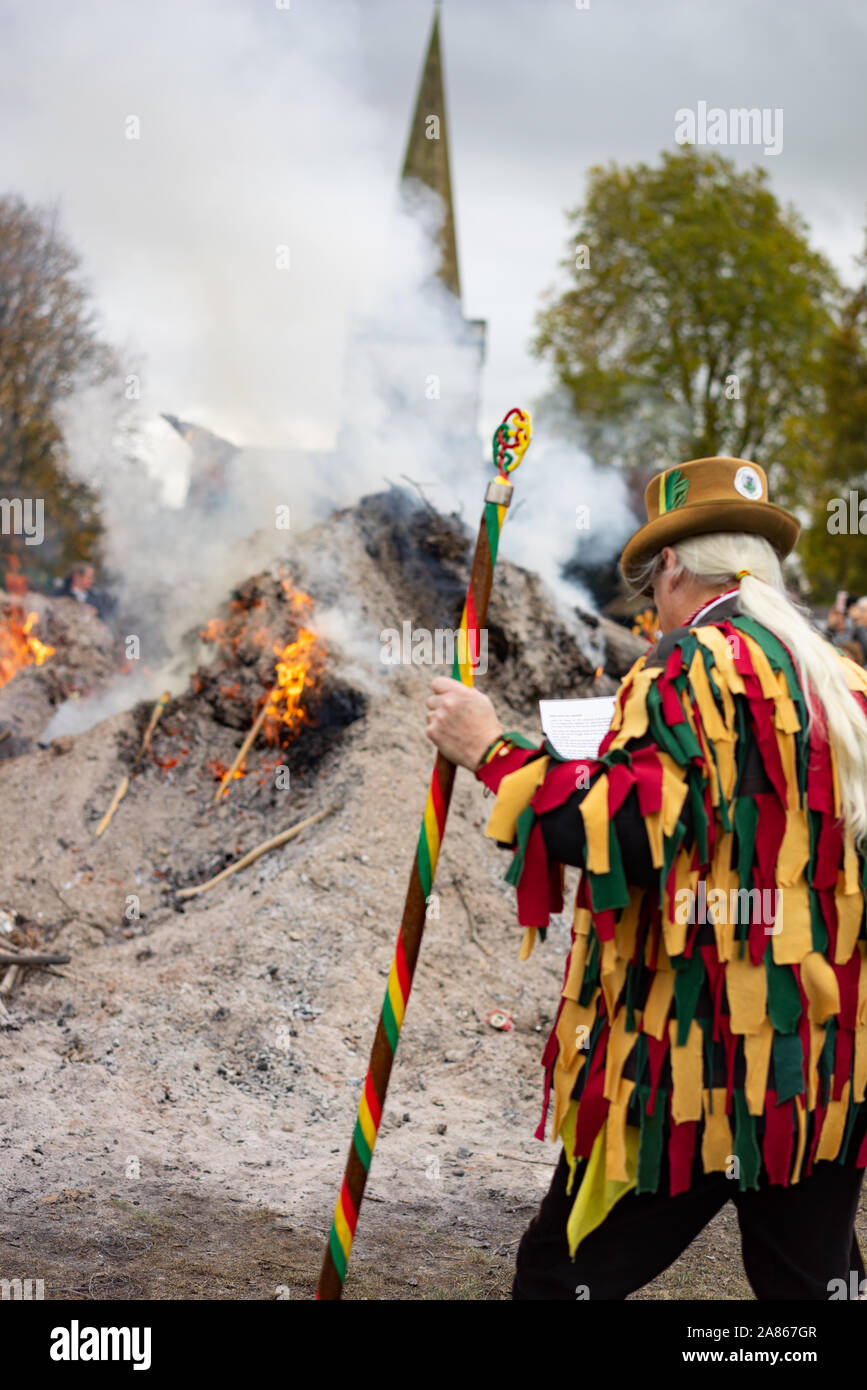 Traditional Morris dancing in Brockham in England UK. The burning of ...