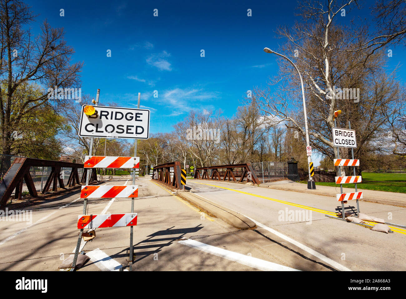 Bridge with closed road signs in USA Pittsburg Stock Photo - Alamy
