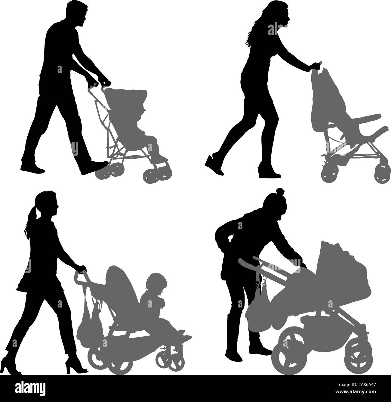 Set silhouettes walkings mothers with baby strollers Stock Vector Image ...