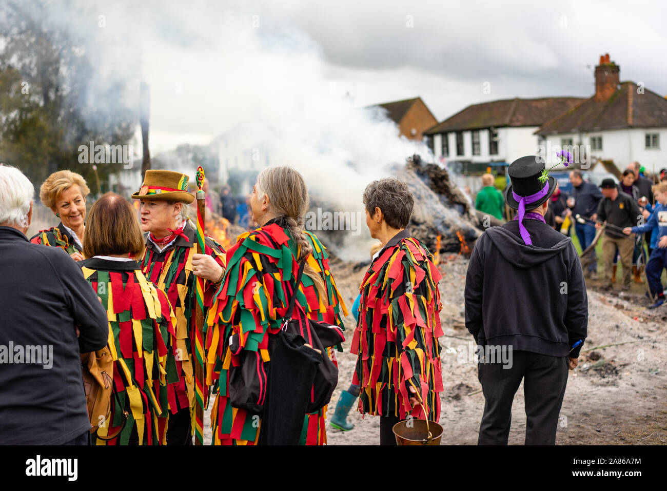 Traditional Morris dancing in Brockham in England UK. The burning of ...