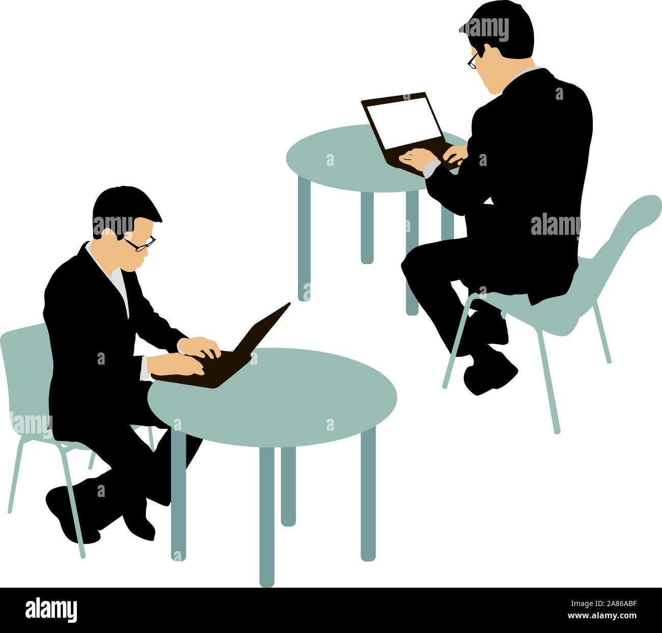 Black silhouette two men sitting behind computer, on a white background ...