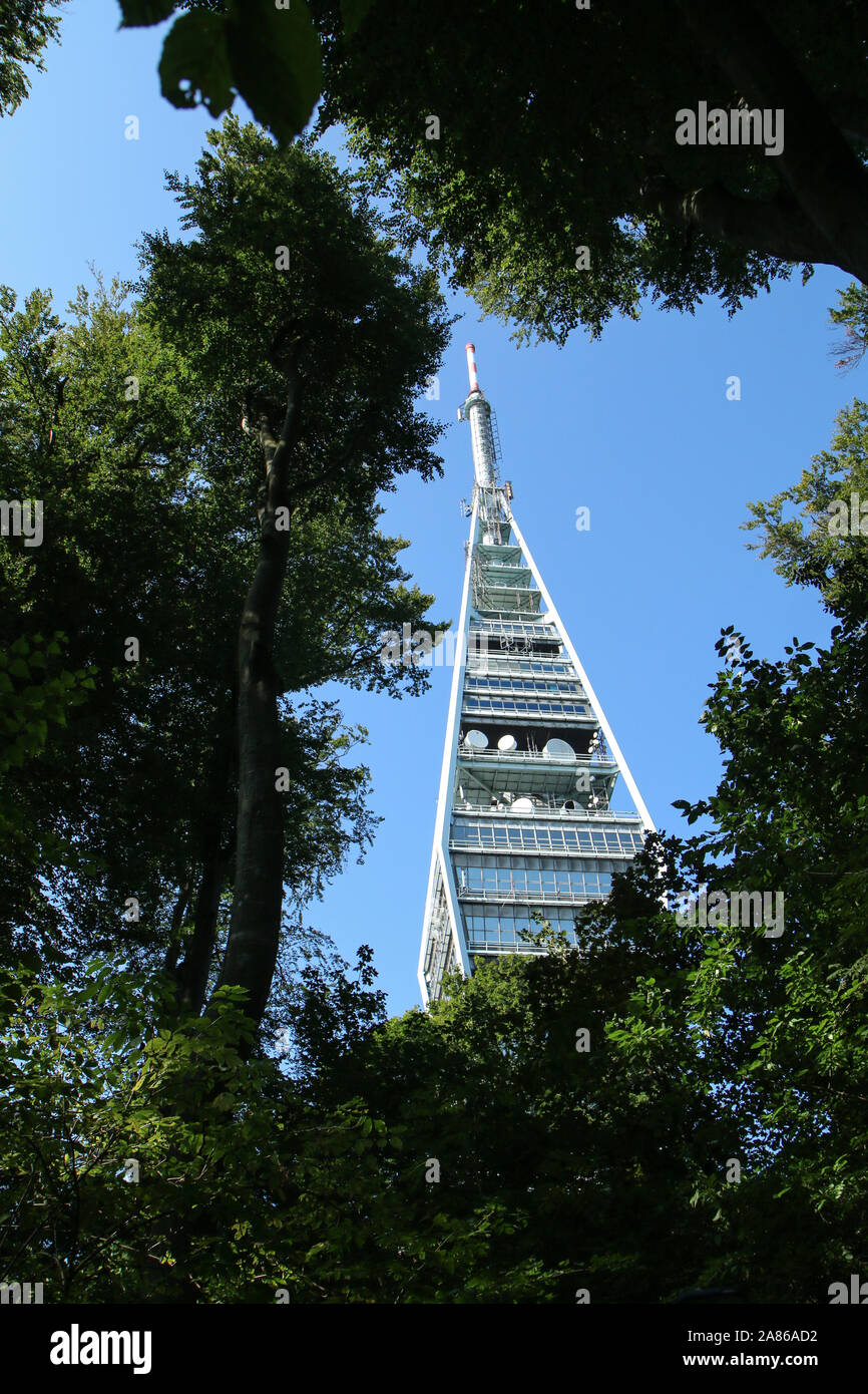 The TV tower in Bratislava standing on the hill above the city. Unusual ...