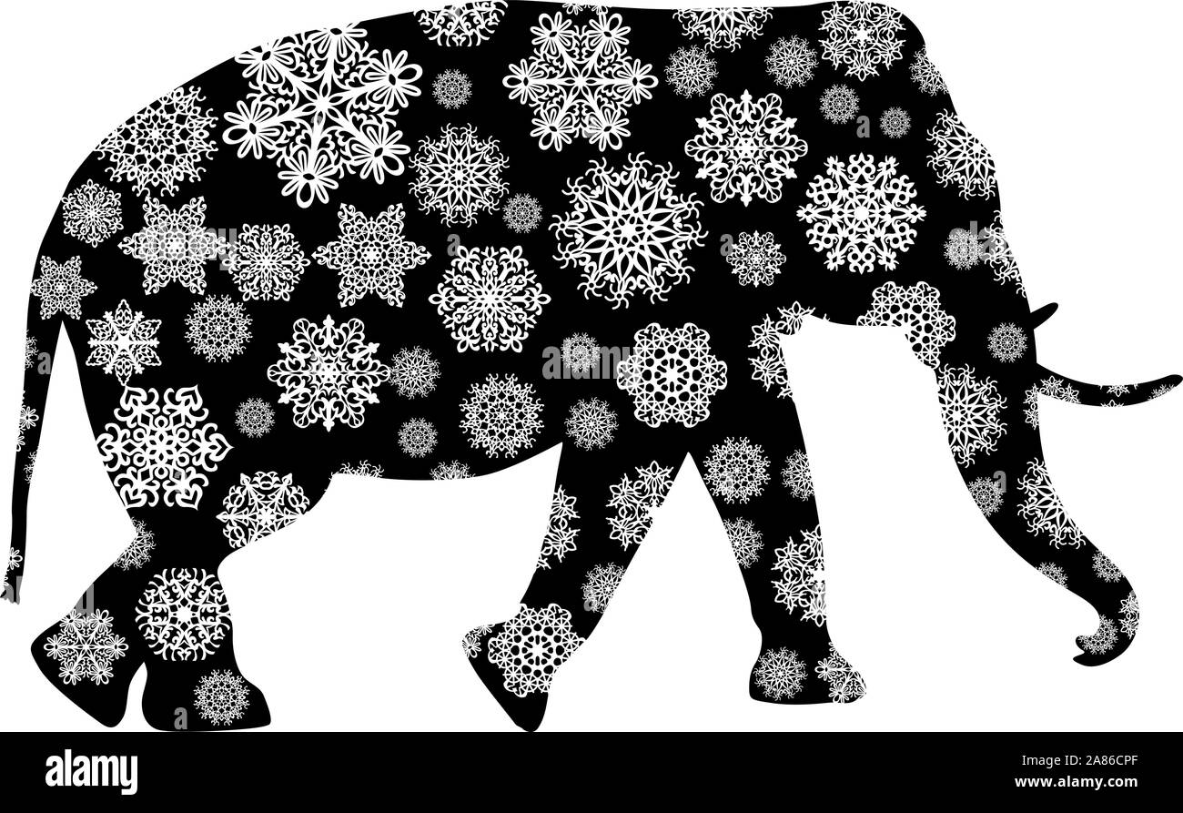 Christmas card elephant in snowflakes on a white background Stock ...
