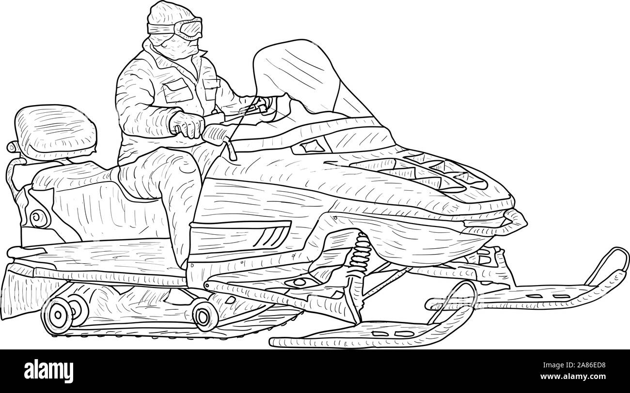 Snowmobile with driver silhouette sketch on white background Stock ...