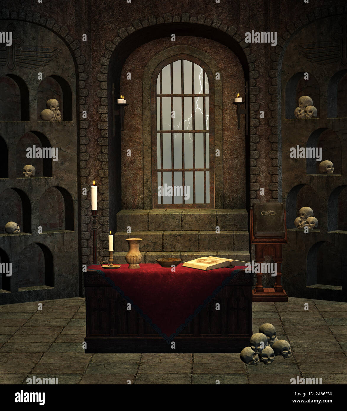 Spooky crypt with an altar and lots of skulls Stock Photo - Alamy