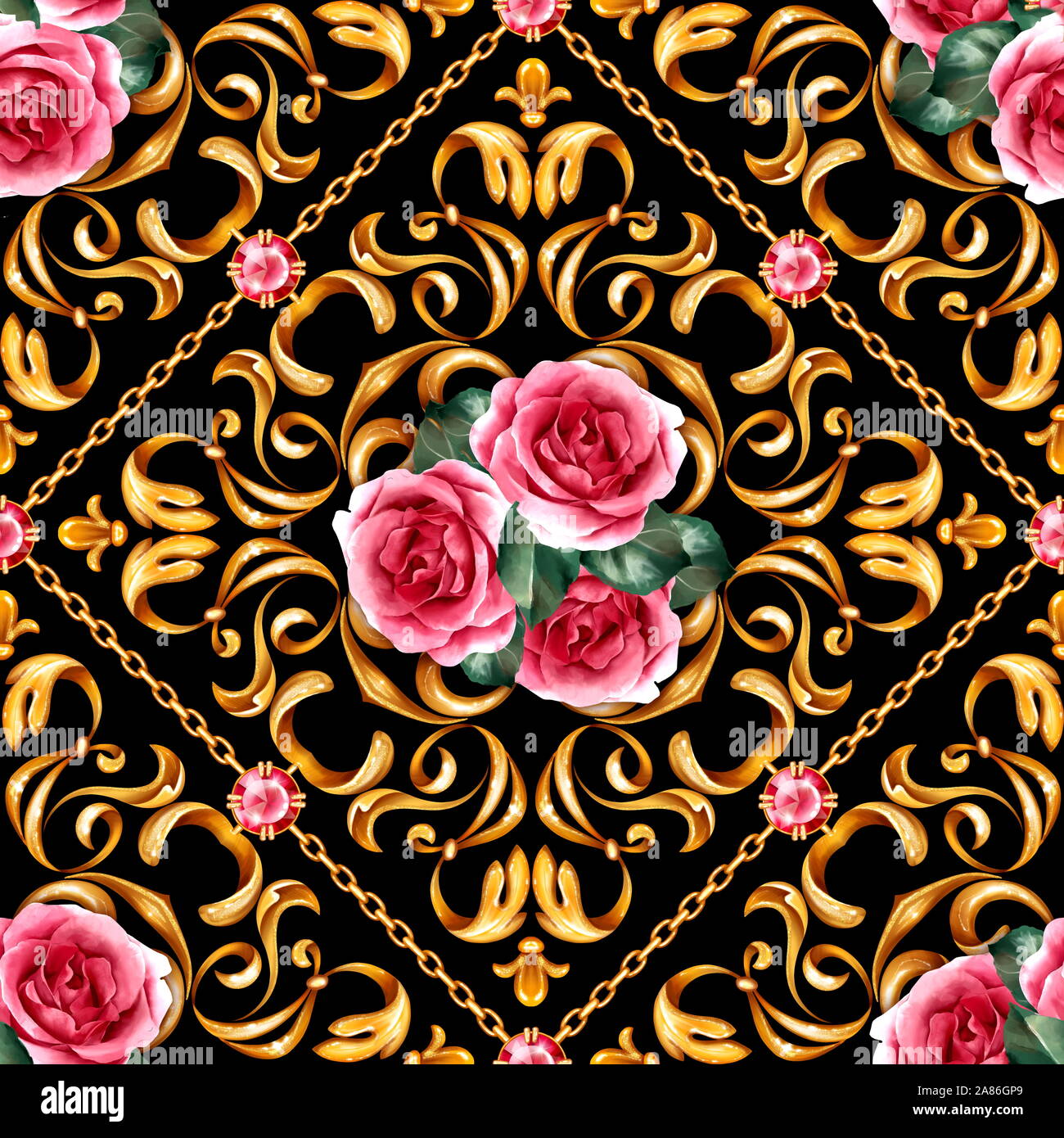 Seamless baroque pattern with and roses Stock Photo - Alamy
