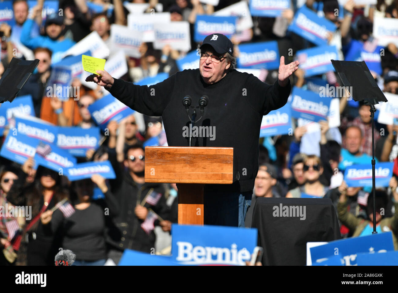 Michael Moore at a Bernie Sanders campaign rally in Queensbridge Park ...