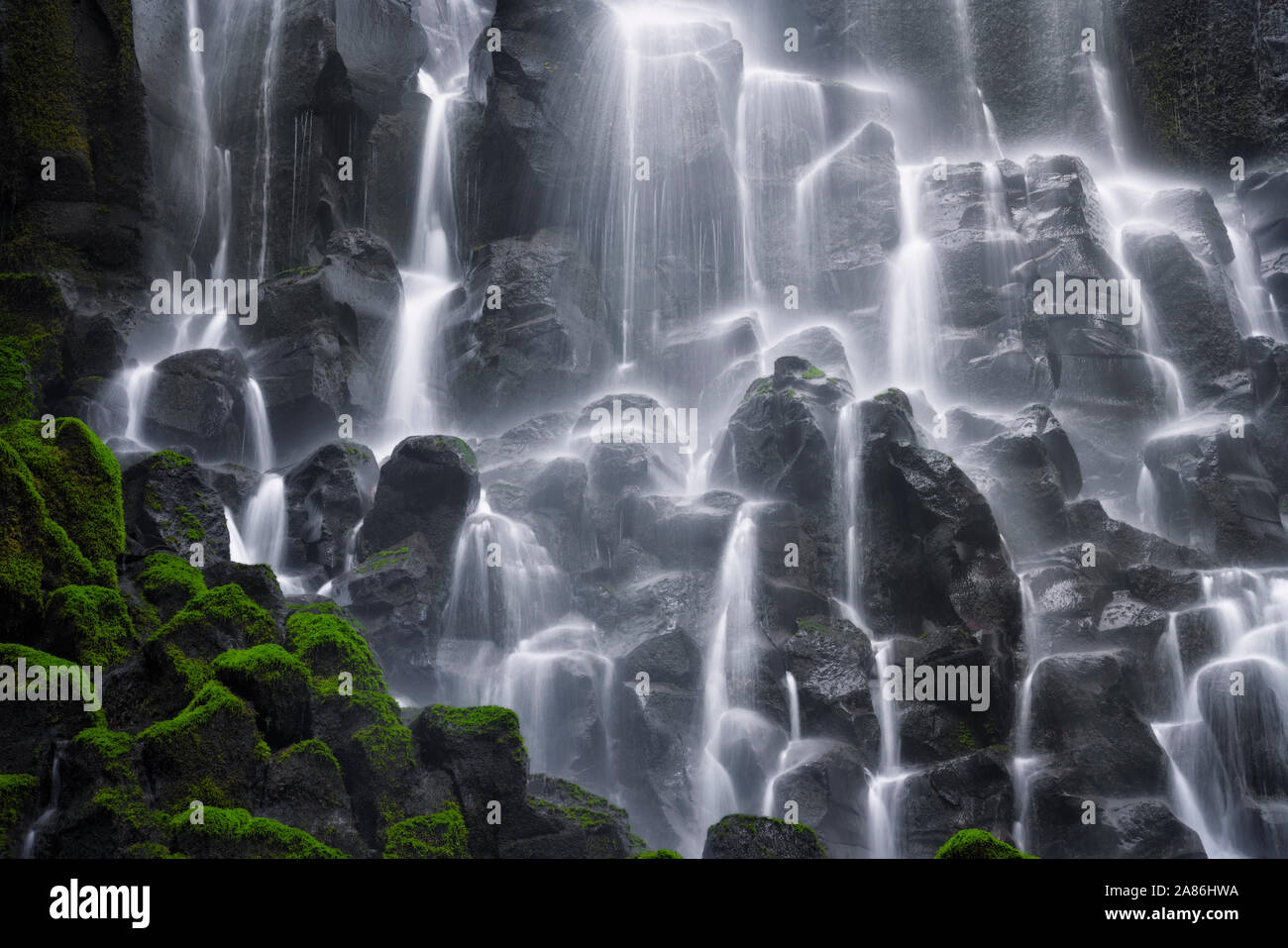 Oregon’s Ramona Falls pours over the moss covered columnar basalt in ...