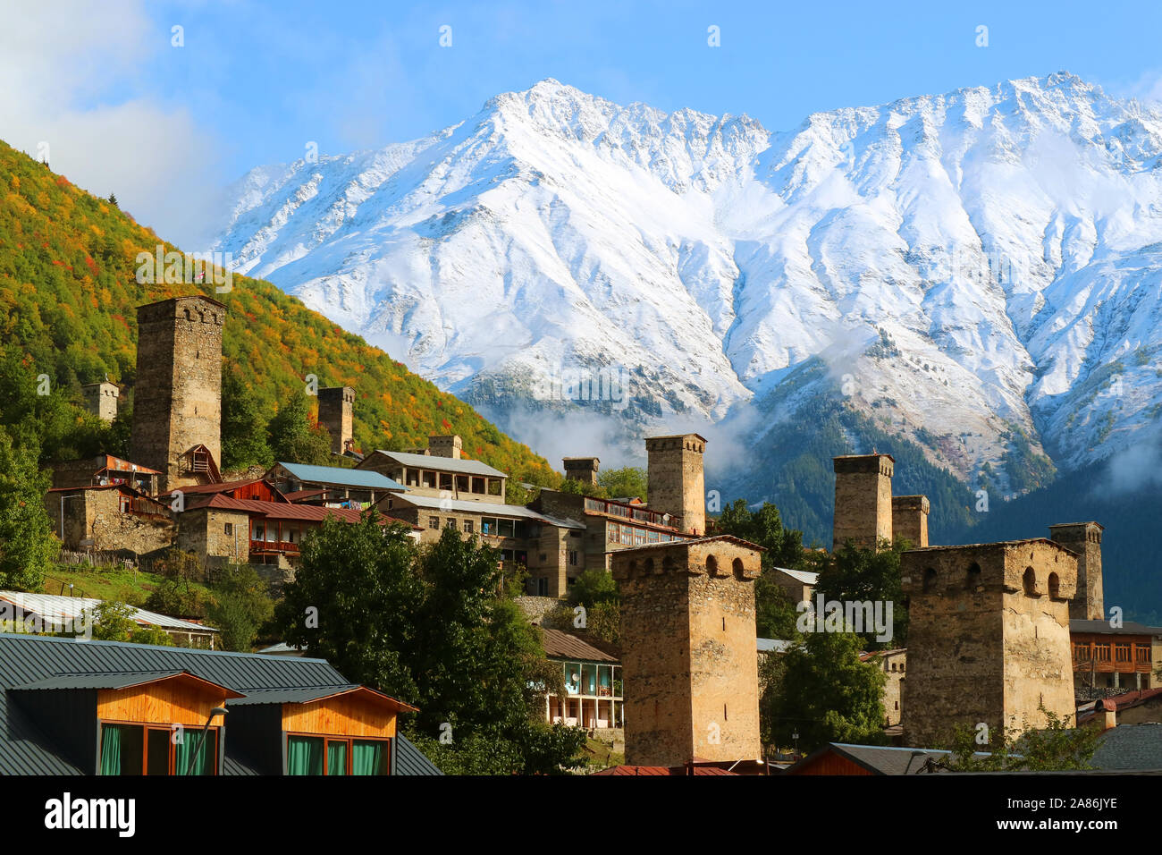 Stunning View of Medieval Svan Tower-houses against the Snow-capped ...