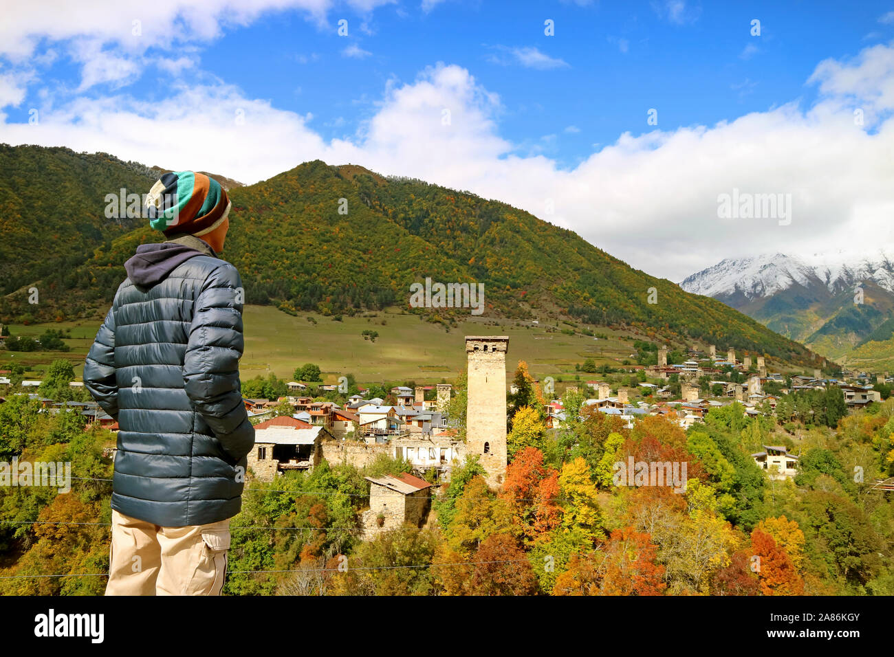 Hiker Impressed by the Panoramic View of Mestia Town with Svan Tower ...