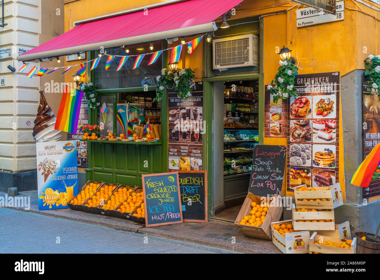 Shops,stores and outdoor restaurants in old town Gamla Stan in ...