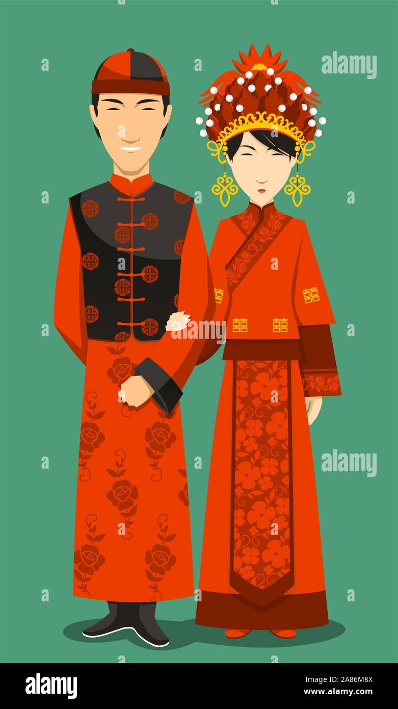 Chinese Bride and Groom Wedding Celebration, vector illustration ...