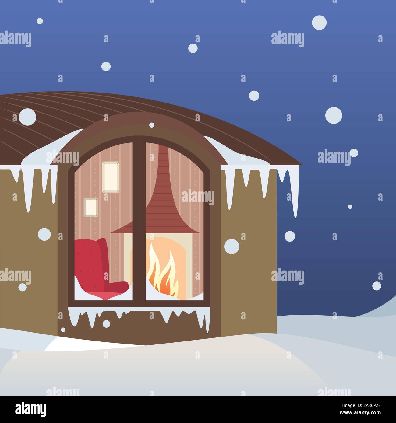 Snow snowy winter scene with fireplace warmth heat Stock Vector Image ...
