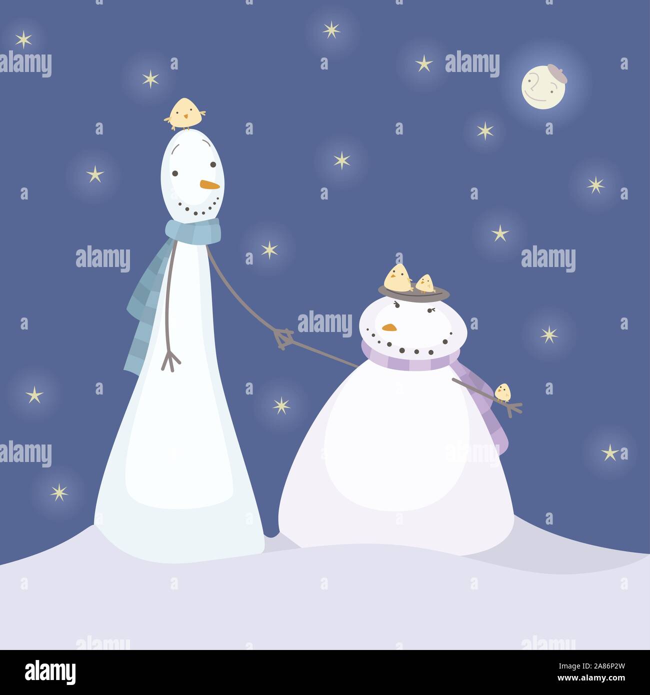 Christmas Snowmen holding hands at night, with a nest of birds and a ...