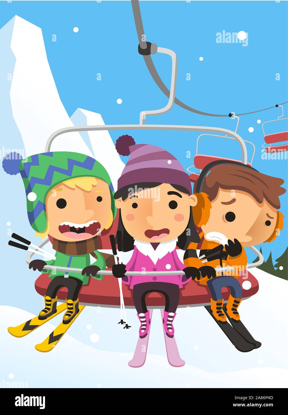 Winter Snow Kids on Ski Lift Steel Cable Cabin vector illustration ...