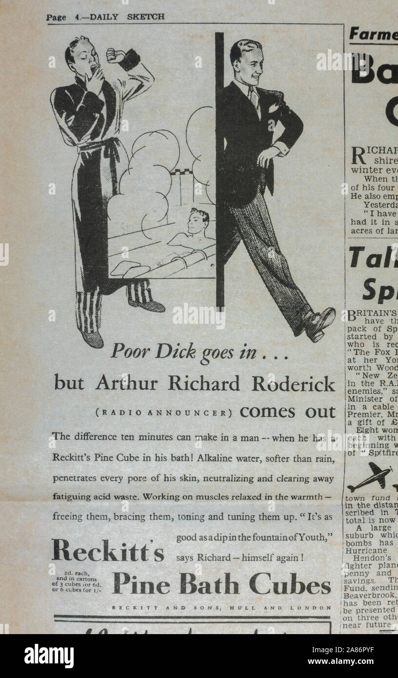 Ad for Reckitt's Pine Bath Cubes: Daily Sketch newspaper (replica ...