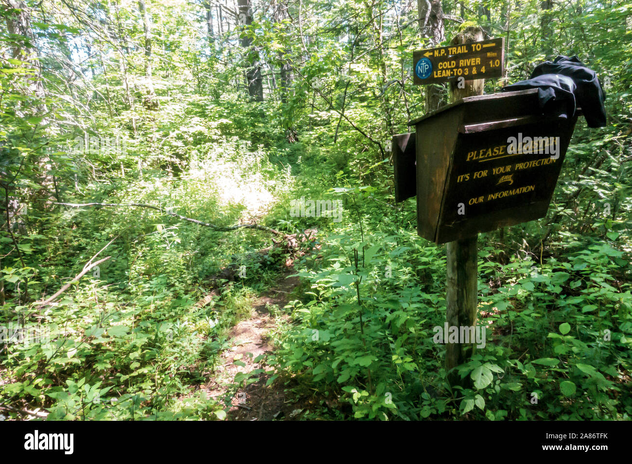 A check-in station and trail markers along the Northville Placid Trail ...