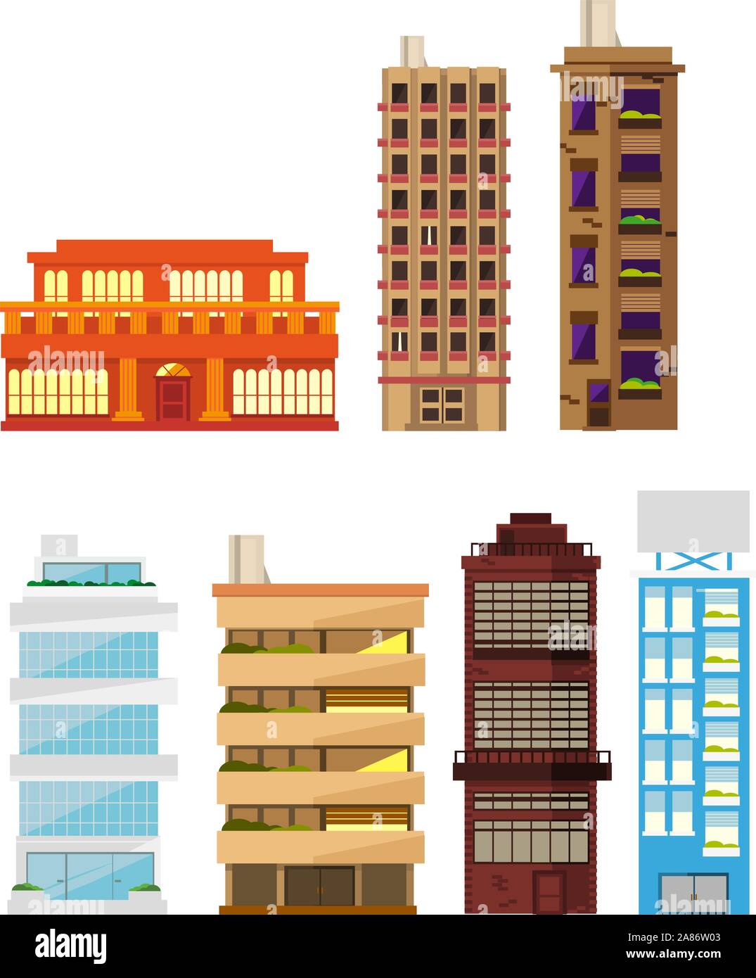 Seven different buildings set vector illustration collection ...