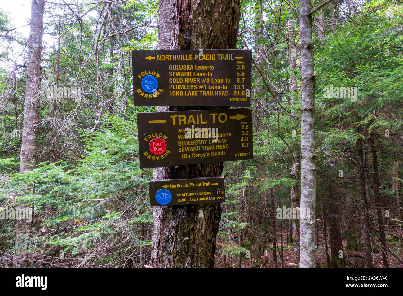 Trail sign along Upstate New York's Northville Placid Trail Stock Photo ...