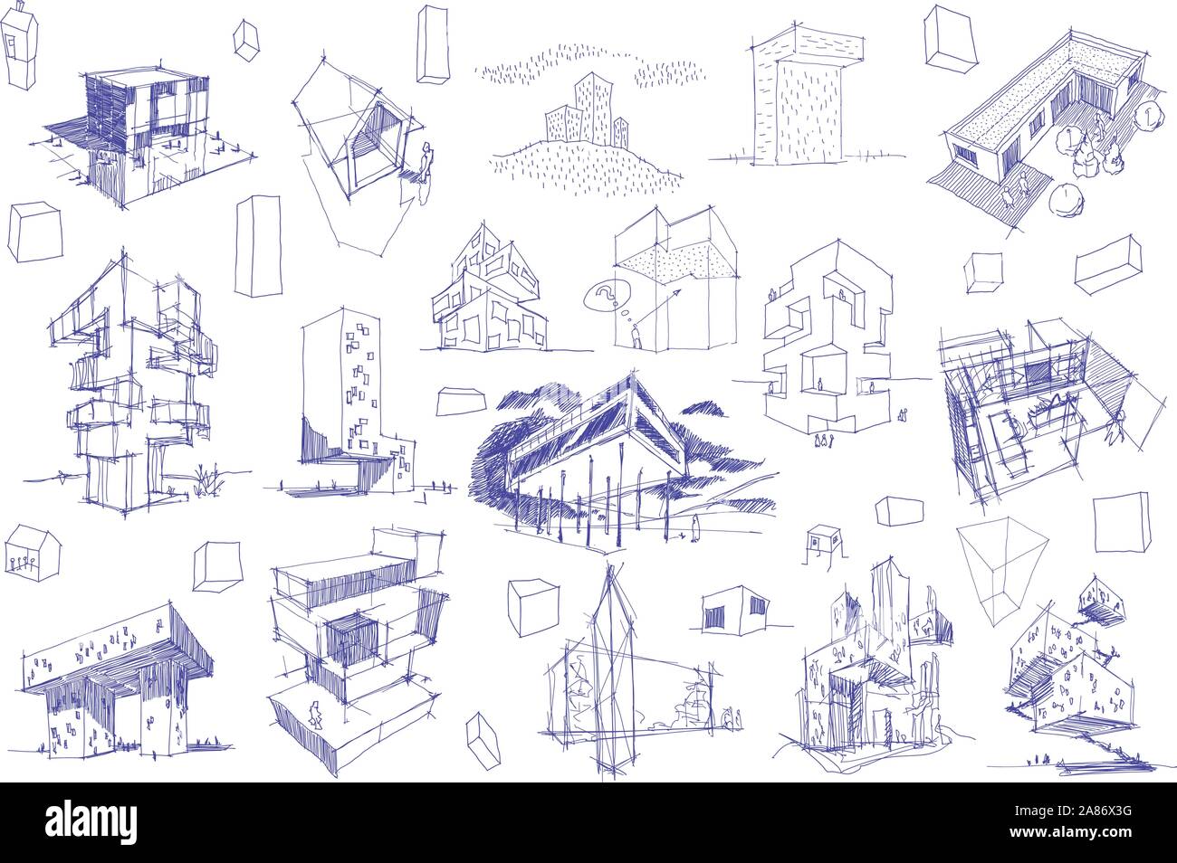 Many Hand Drawn Architectectural Sketches Of A Modern Abstract